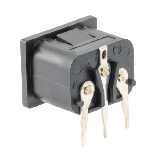 AC PEM C14, 1.5mm Panel Snap-In, Thru-hole PCB, Right Angle