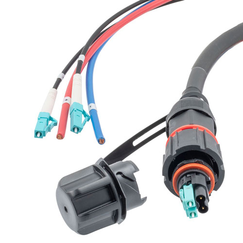 Fiber optic, IP68 Hybrid LC/UPC (2x 12AWG pin contacts) to 2x LC/UPC ...