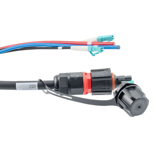 Fiber optic, IP68 Hybrid LC/UPC (2x 12AWG pin contacts) to 2x LC/UPC ...