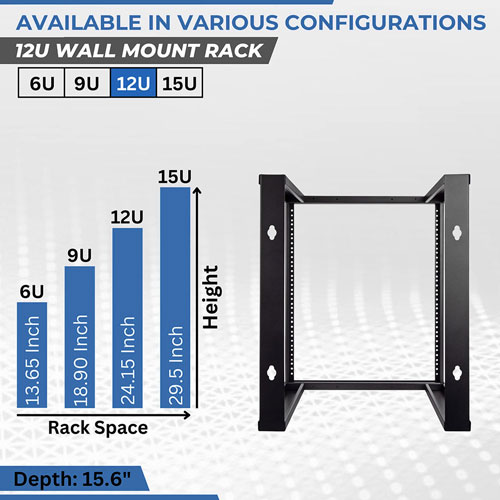 12U Wall Mount Open Frame Rack 19" Threaded (12-24) 15 inch depth Black
