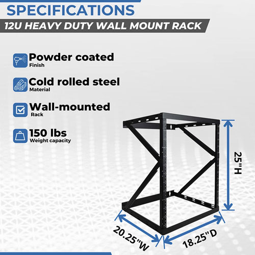 12U 2 Post Open Frame Wall Mount Rack 18" Depth - Heavy Duty