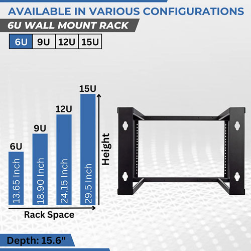 6U Wall Mount Open Frame Rack 19" Threaded (12-24) 15 inch depth Black