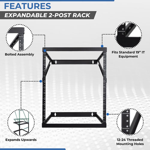 8U/12U/22U Wall Mount Expandable Open Frame 2 Post Rack Adj. Height