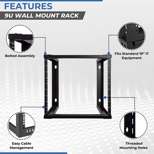 9U Wall Mount Open Frame Rack 19" Threaded (12-24) 15 inch depth Black