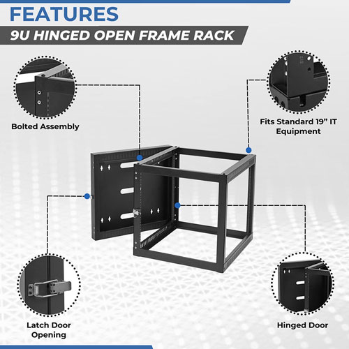9U 22in Depth Hinged Open Frame Wall Mount Server Rack