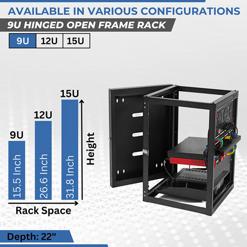 9U 22in Depth Hinged Open Frame Wall Mount Server Rack