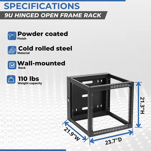 9U 22in Depth Hinged Open Frame Wall Mount Server Rack
