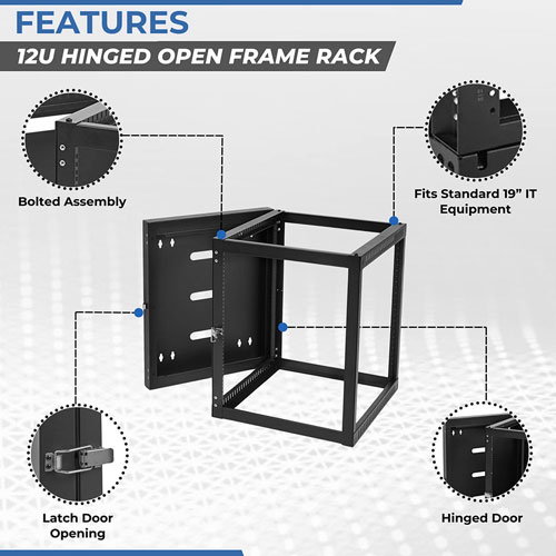 12U 22in Depth Hinged Open Frame Wall Mount Server Rack