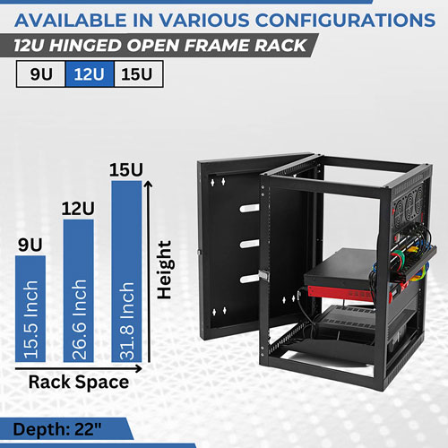 12U 22in Depth Hinged Open Frame Wall Mount Server Rack