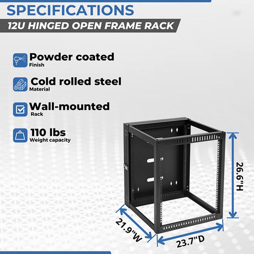 12U 22in Depth Hinged Open Frame Wall Mount Server Rack