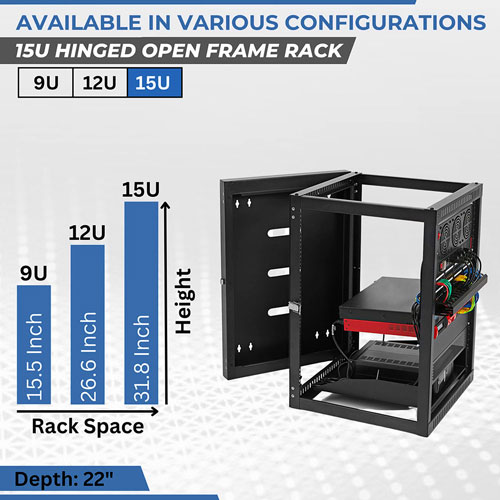 15U 22in Depth Hinged Open Frame Wall Mount Server Rack