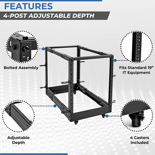 12U 4-Post Open Frame Server Rack, Adjustable Depth with Casters (12-24 ...