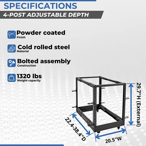 12U 4-Post Open Frame Server Rack, Adjustable Depth with Casters (12-24 ...