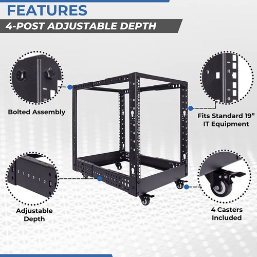 12U Adjustable Depth 4-Post Open Frame Rack with Casters