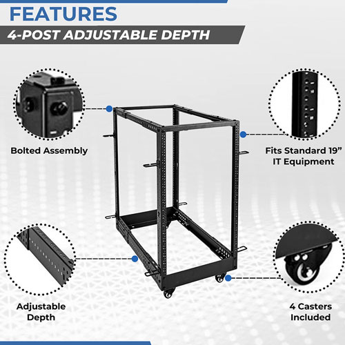 18U 4-Post Open Frame Server Rack, Adjustable Depth with Casters (12-24 Threaded)