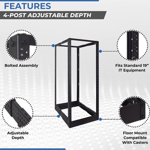 25U Adjustable Depth 4-Post Open Frame Rack (12-24 Threaded)