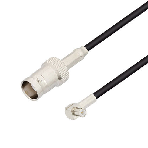 BNC Female to MCX Plug Right Angle Cable Assembly using RG174 Coax, 6 FT , LF Solder