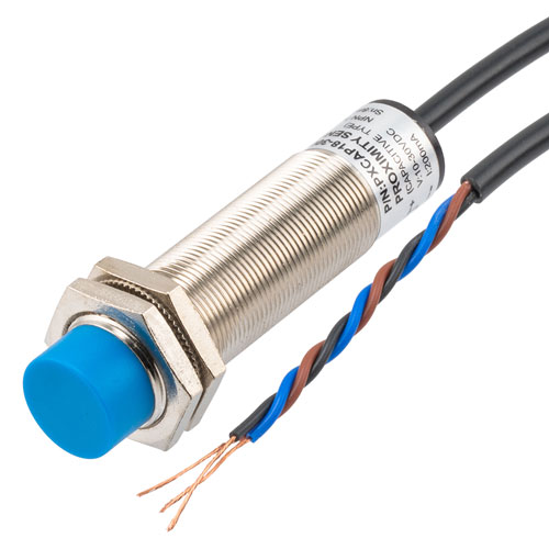 Capacitive Proximity Sensor, Cylindrical, M18, Non-shielded, Ni-plated Brass, NPN NO, Sensing ...