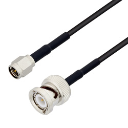 Low Loss SMA Male to BNC Male Cable Assembly using 100 Series Coax, 1 FT