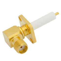18 GHz SMA Female Right Angle Connector Solder Attachment 4 Hole Flange Mount Pin Terminal, .340 ...